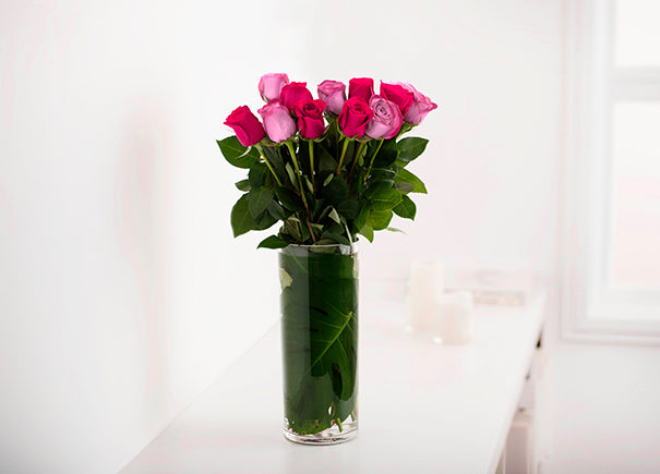 Mixed Bright Pink and Mauve Purple Roses Gift Box with Vase | Roses ...