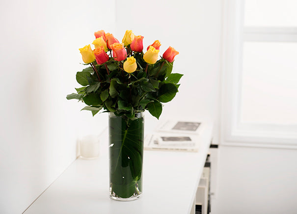 Mixed Yellow and Cherry Brandy Orange Roses Gift Box with Vase | Roses ...