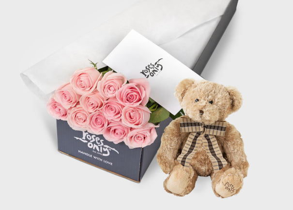 12 Pastel Pink Roses Gift Box & Teddy Bear | Roses Only SG