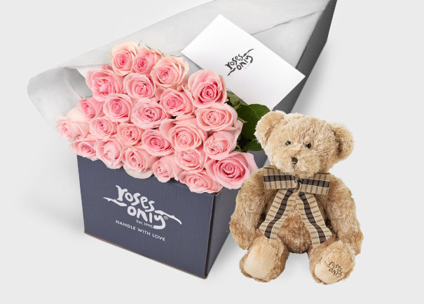 24 Pastel Pink Roses Gift Box & Teddy Bear | Roses Only SG