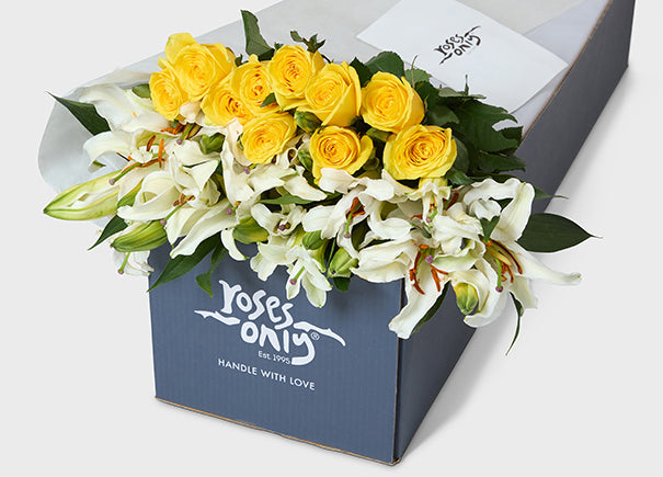Yellow Roses With White Lilies Gift Box | Roses Only Singapore